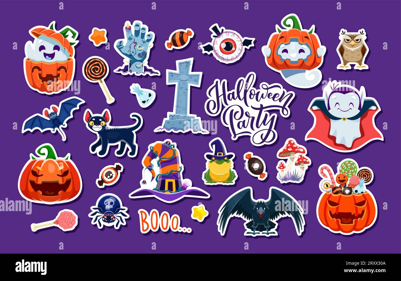 Halloween stickers vector set. Cartoon ghost, pumpkin, zombie hand and ...
