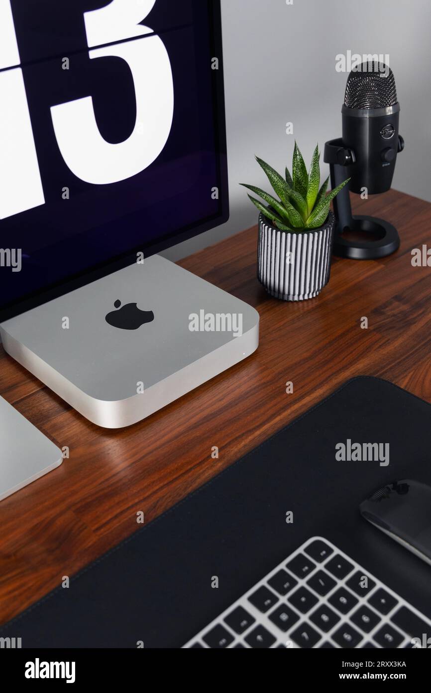 LONDON - SEPTEMBER 26, 2023: Minimal desk setup in modern home office ...