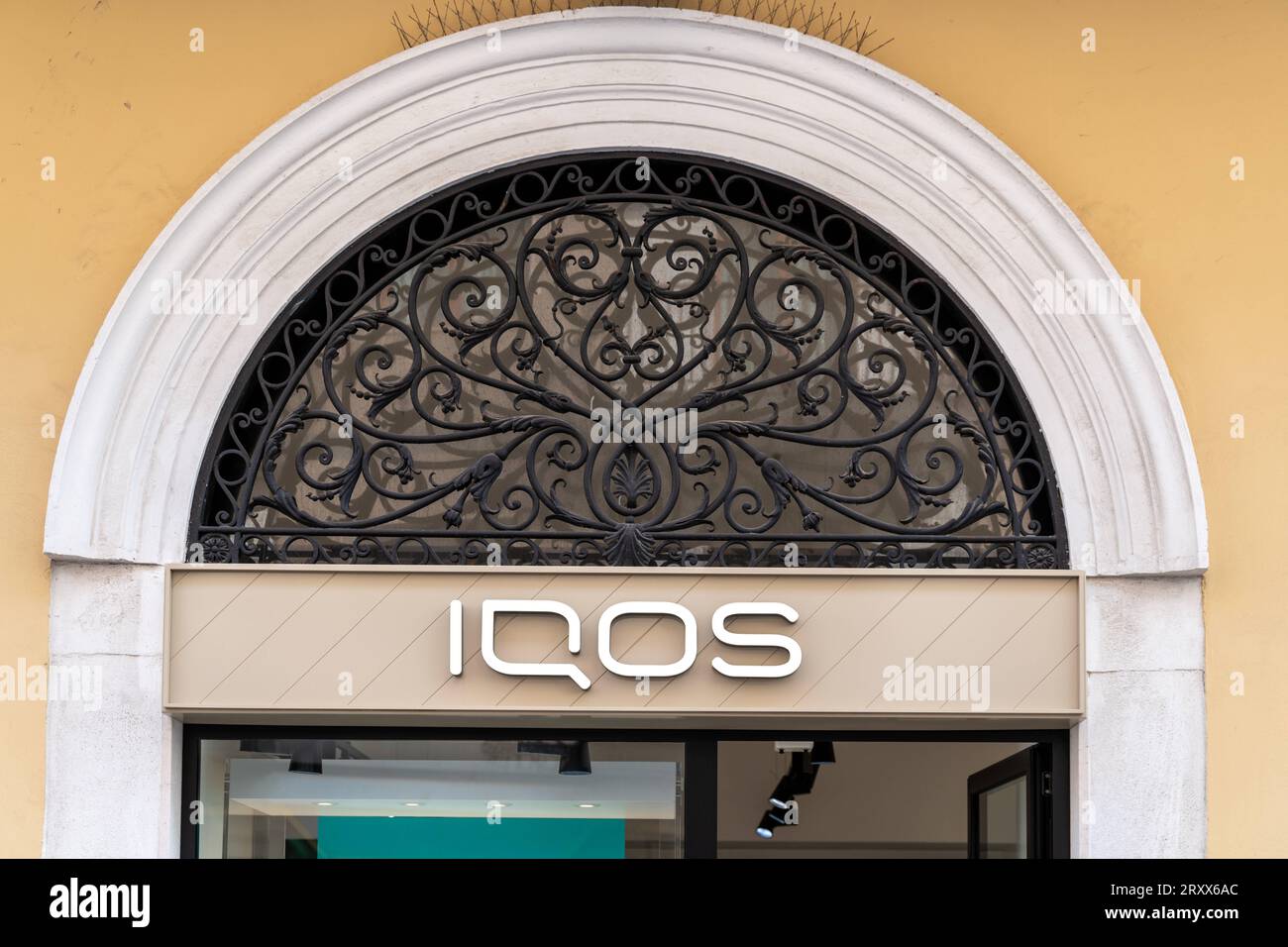 Bari, Italy - 22 September 2023: IQOS logo on the facade of a store ...