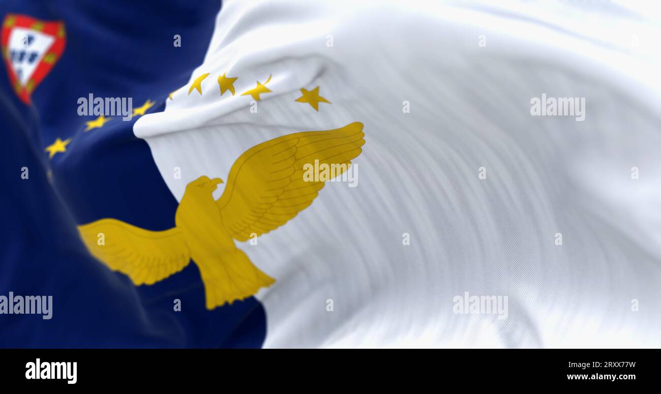 Close-up of Azores flag waving in the wind. One of the two autonomous ...