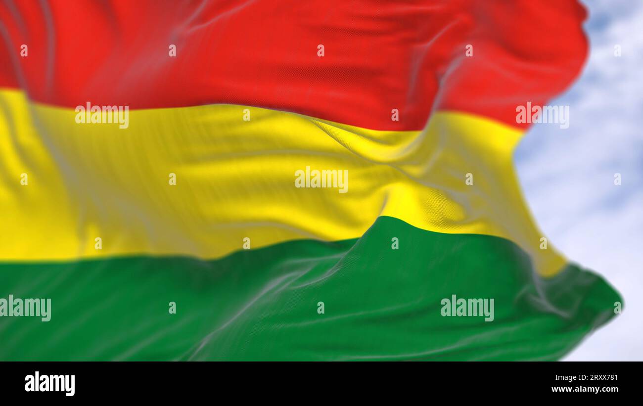 Close-up of Bolivia national flag waving in the wind. The Plurinational ...