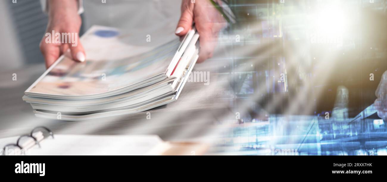 Female hands holding a stack of magazines; multiple exposure Stock ...