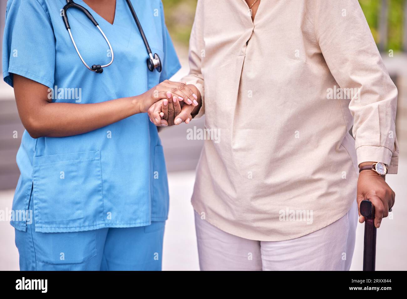 People, hand and holding of elderly for assistance with mobility ...