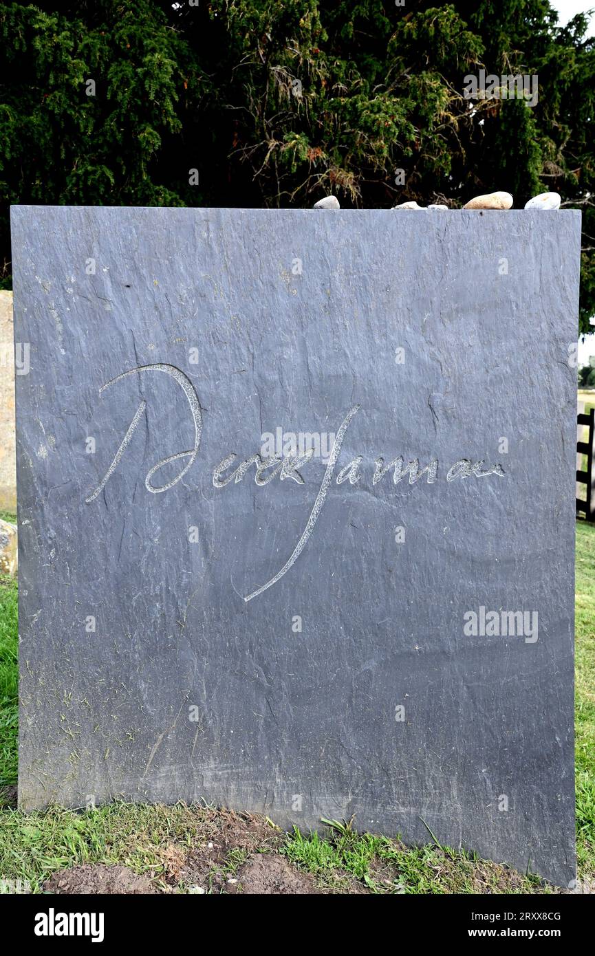 Derek Jarman's simple grey slate headstone in the churchyard of St ...