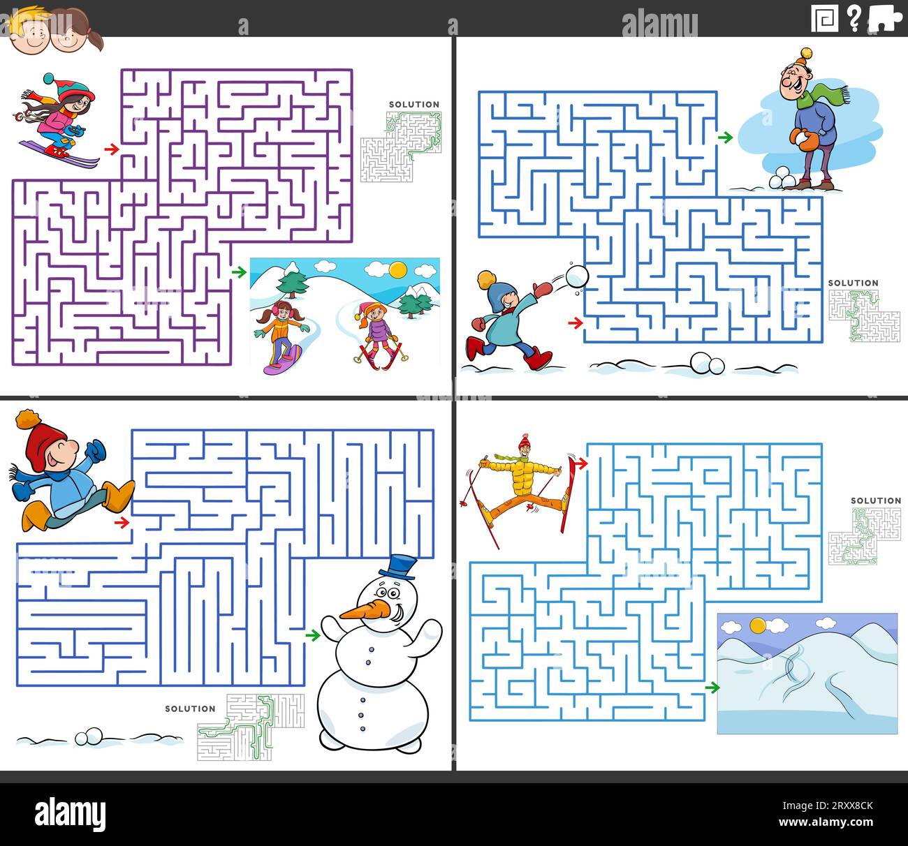 Cartoon illustration of educational maze puzzle games set with people ...