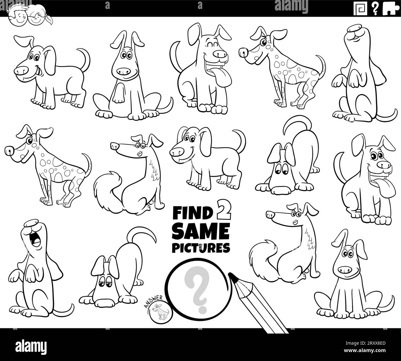 Black and white cartoon illustration of finding two same pictures ...