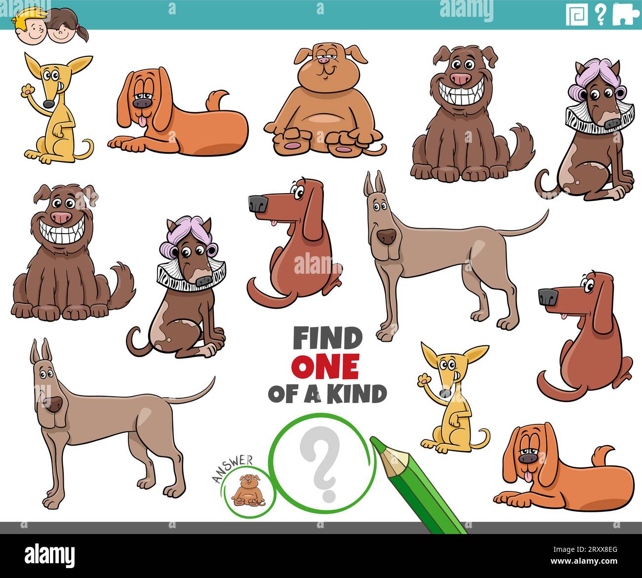 Cartoon illustration of find one of a kind picture educational game ...