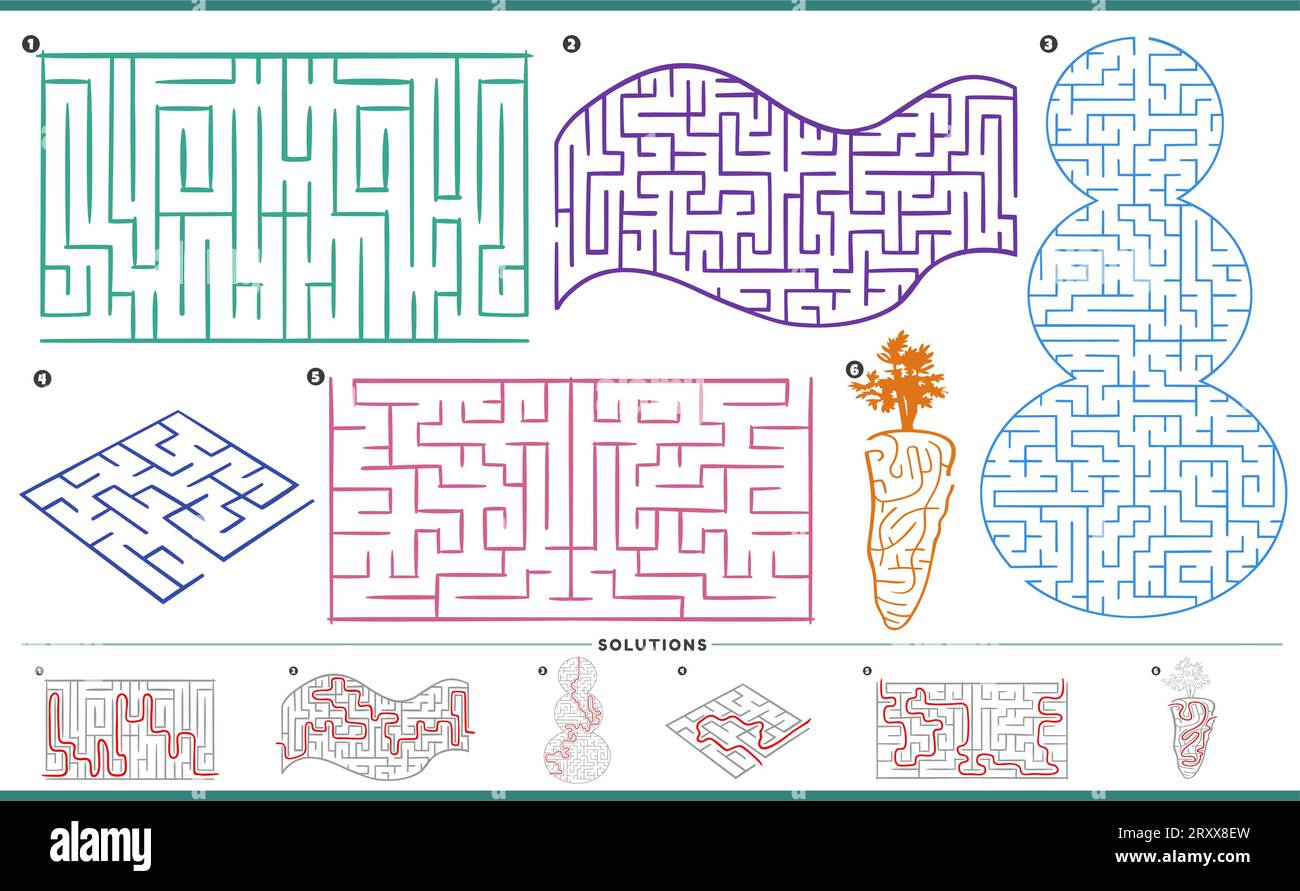Illustration of maze puzzle activities graphs set with solutions Stock ...