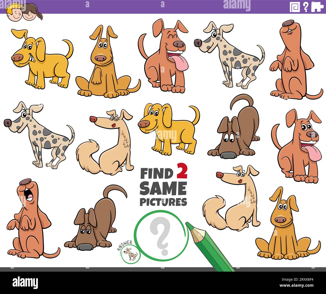 Cartoon illustration of finding two same pictures educational activity ...