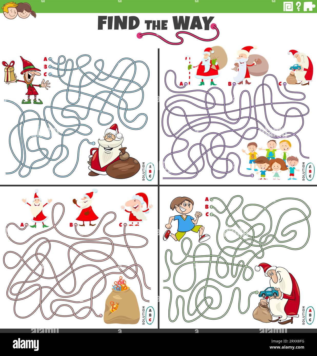 Cartoon illustration of find the way maze puzzle activities set with ...