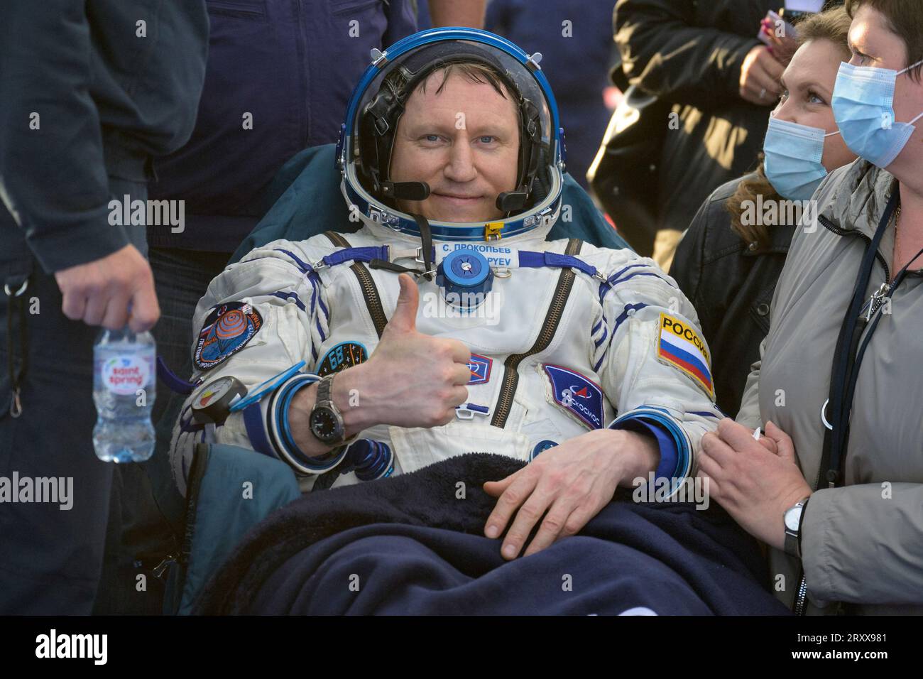 Expedition 69 Roscosmos cosmonaut Sergey Prokopyev is seen outside the ...