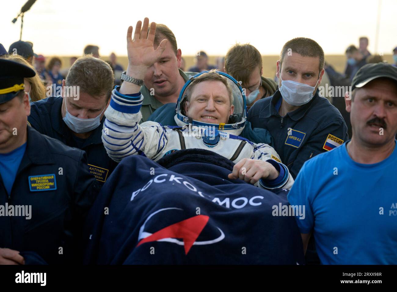 Expedition 69 Roscosmos cosmonaut Sergey Prokopyev is carried to a ...