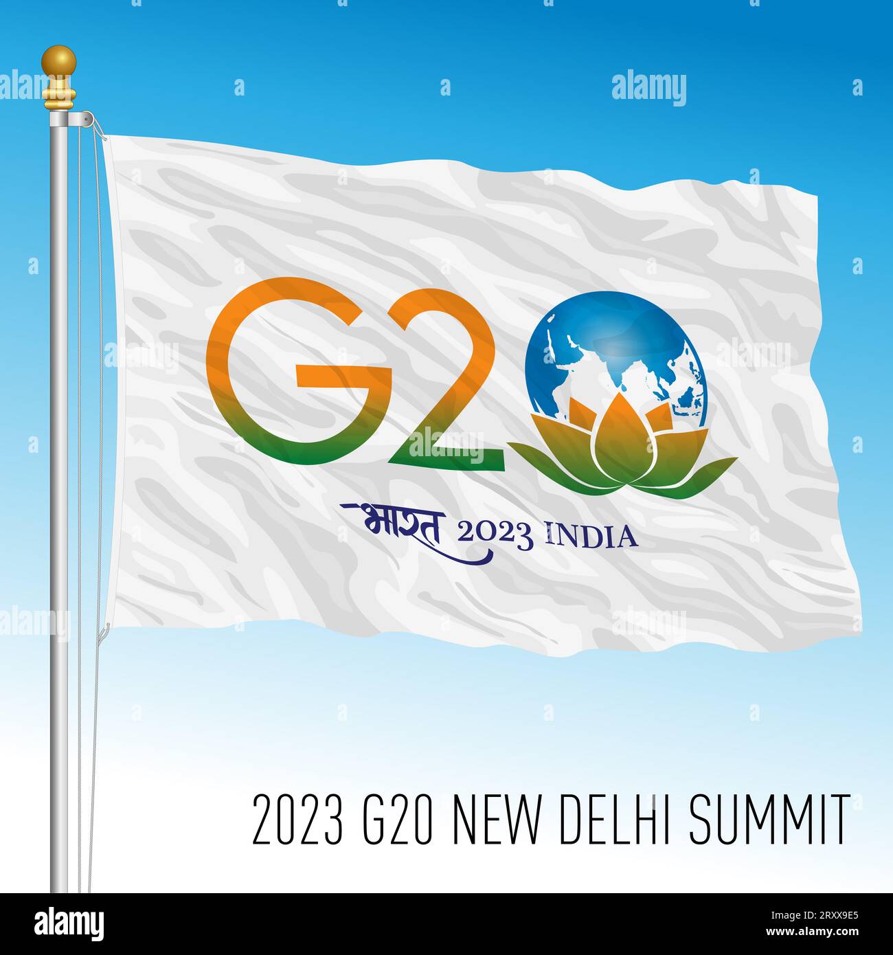 New Delhi, India, september 2023, waving flag with symbol of G20 summit ...