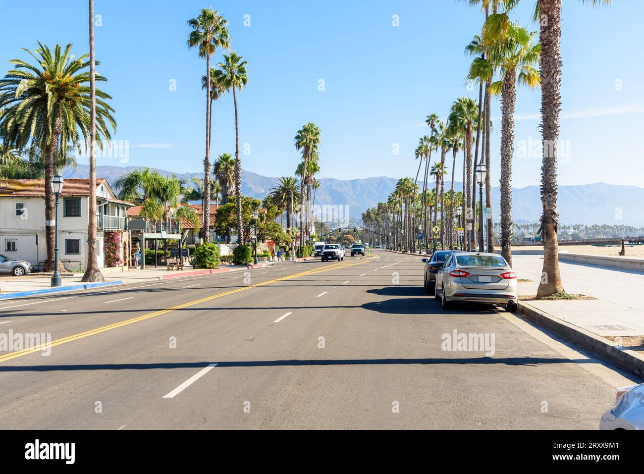 Street lined with palm trees along the beach in Santa Barbara on a ...