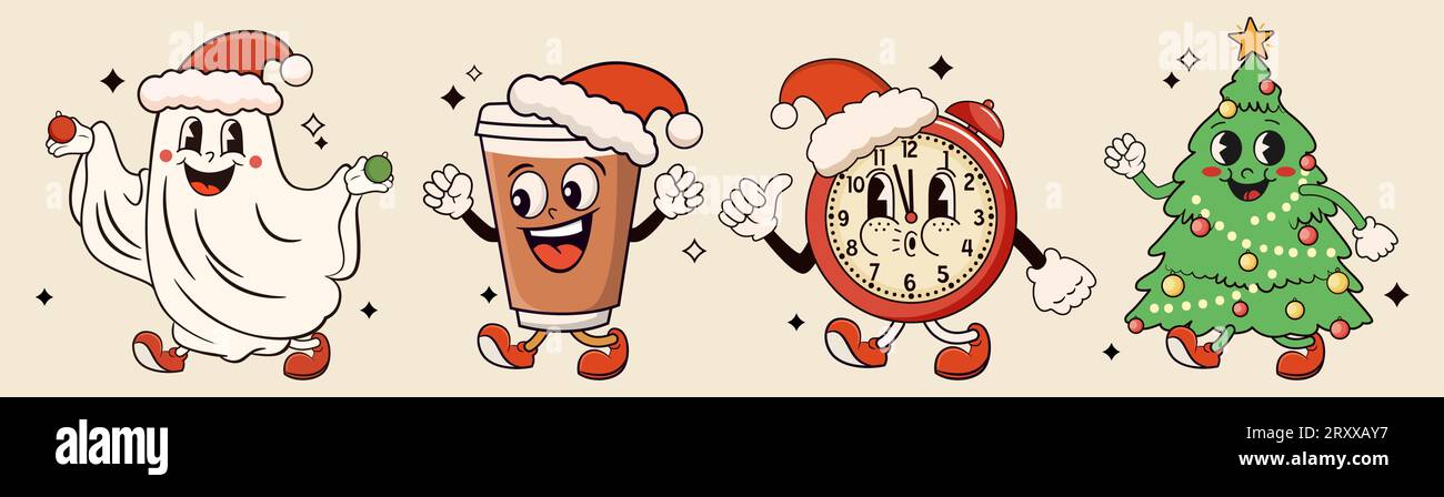 Groovy hippie Christmas characters. Christmas tree, coffee in trendy ...