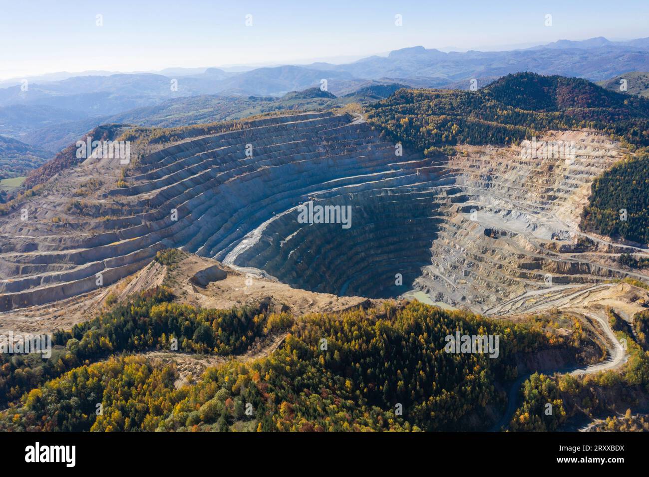 Aerial drone view of Europe second largest open pit copper mine, Rosia ...