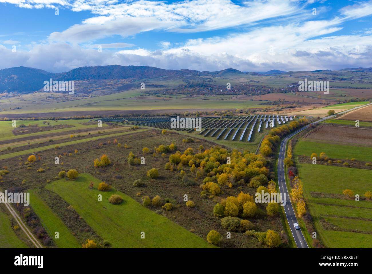 Solar panels aerial view. Solar energy modules, photovoltaic PV plant ...