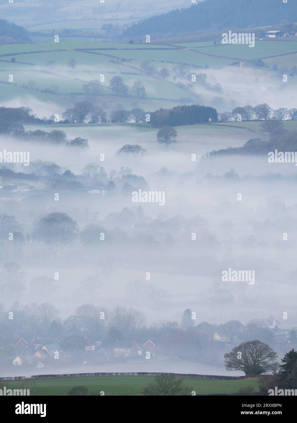 Morning mist hanging over the Clun Valley in South Shropshire, England ...