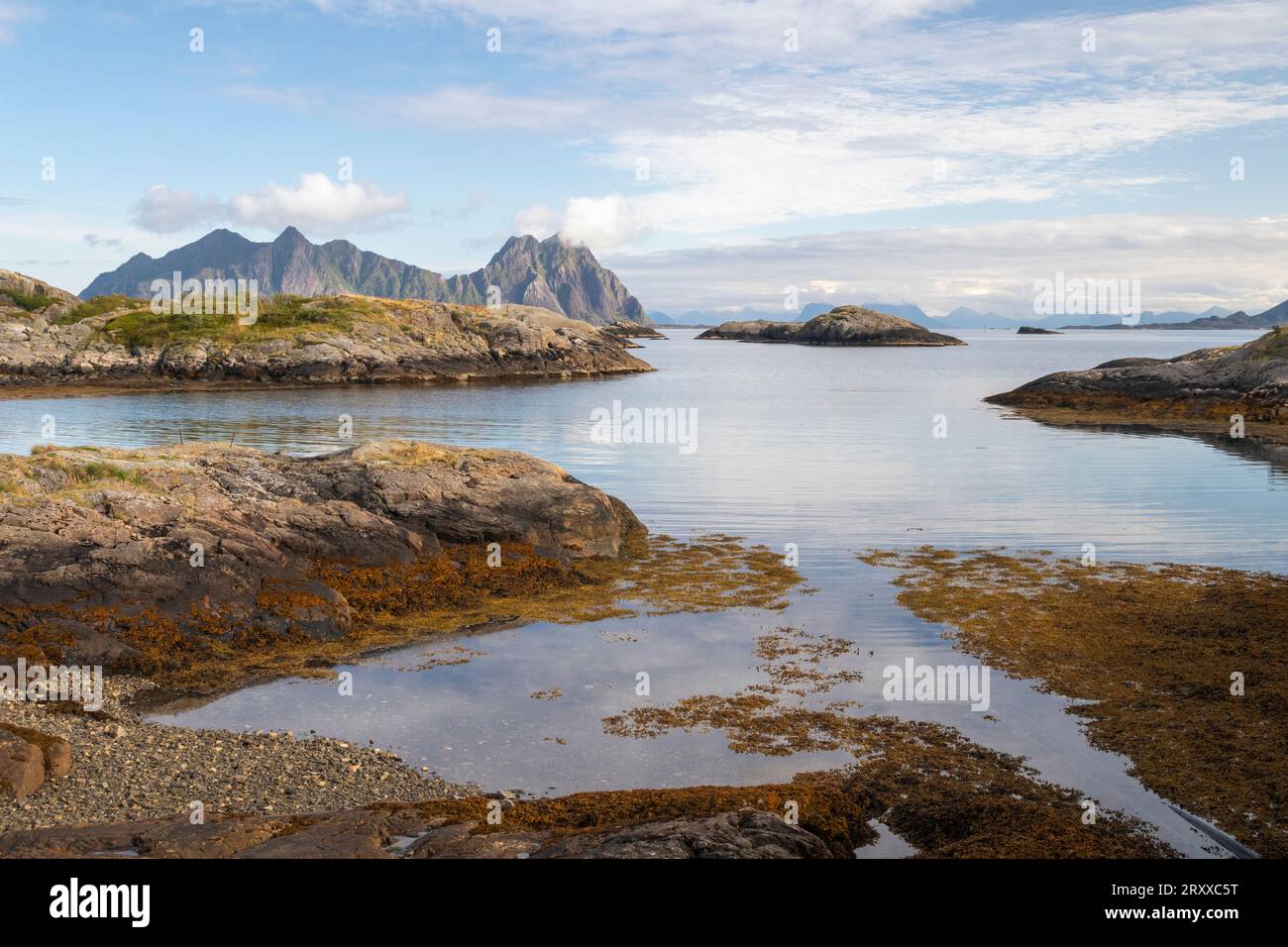 Rocky outlets at Svolvaer, Lofoten Islands, Norway on a summer's day ...