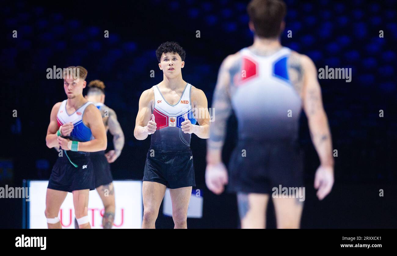 ANTWERP - Gymnast Jermain Grunberg (middle) prepares during training ...