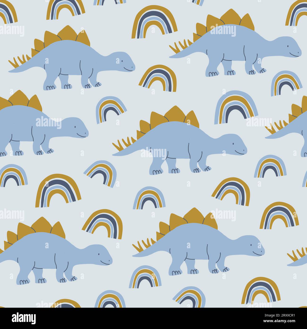 Cute vector pattern with dinosaurs and rainbows in pastel blue colors ...