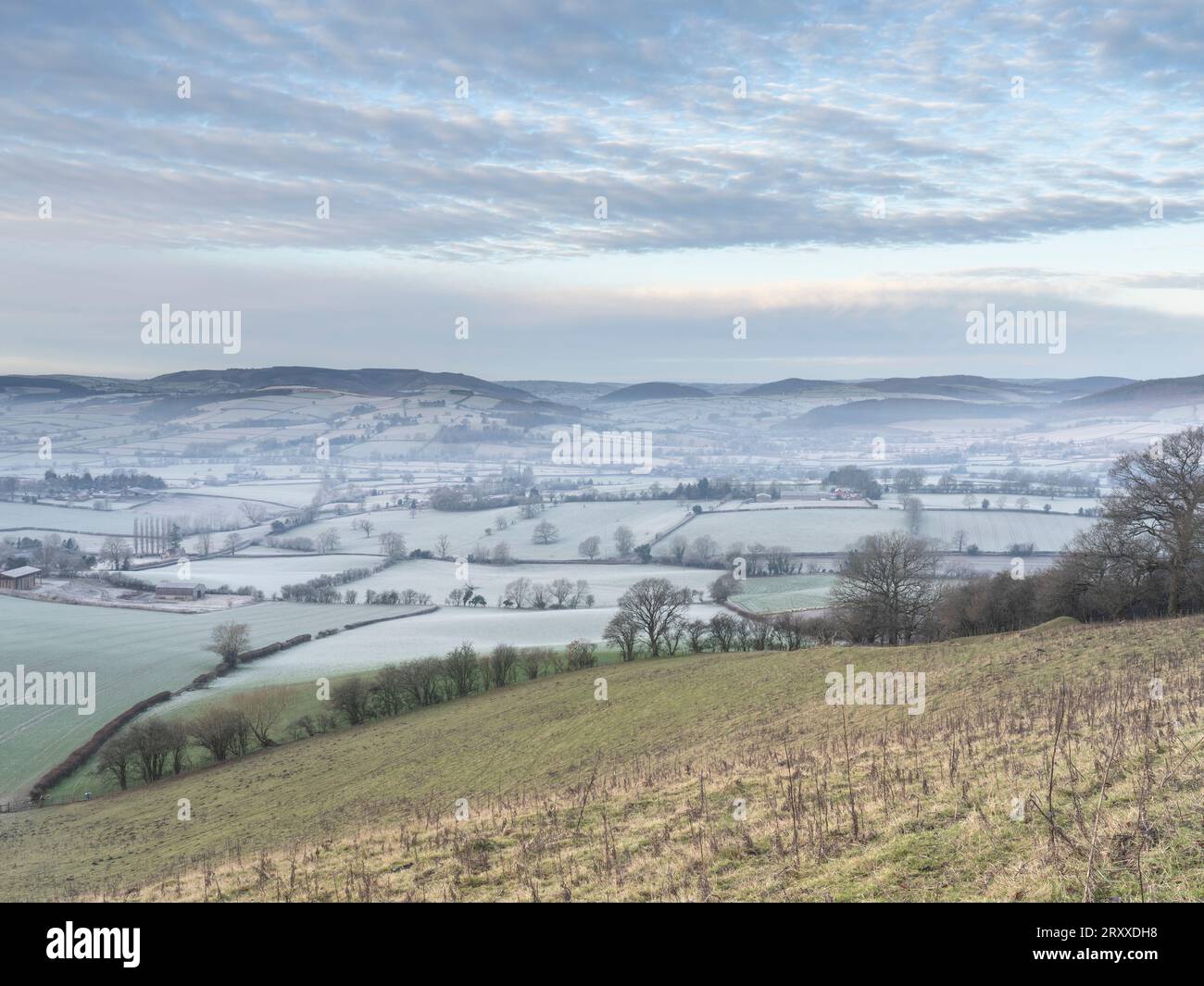 The Clun Valley viewed from the top of View Edge, Onibury, Shropshire ...