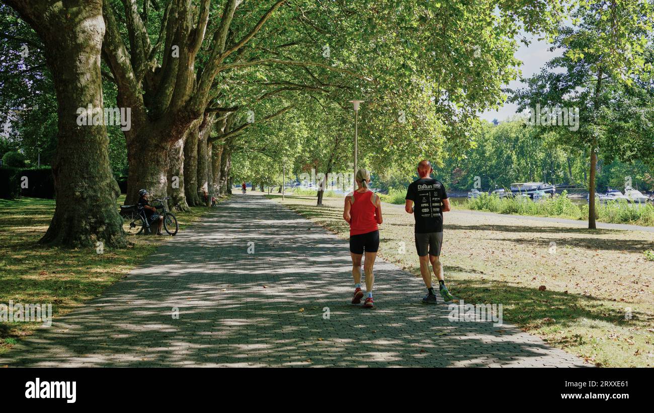 Man and woman jogging along the tree lined Rhine River promenade in ...