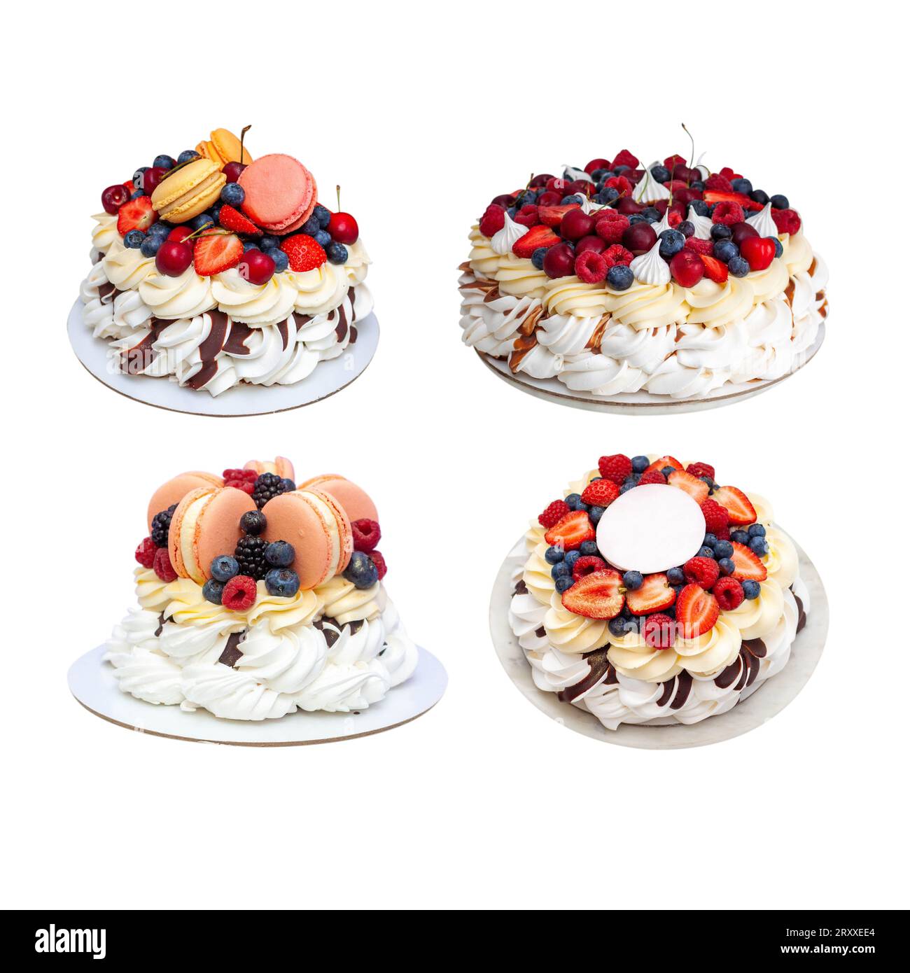 Collection of Birthday cakes with whipped cream, macaroons and ...