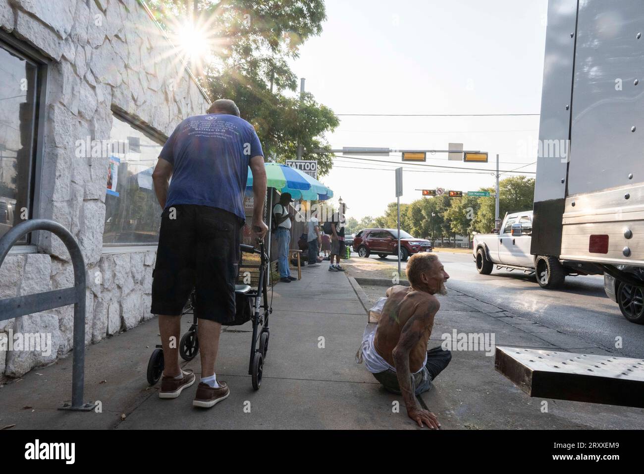 Austin Texas USA, August 31 2023: Men experiencing homelessness on the ...