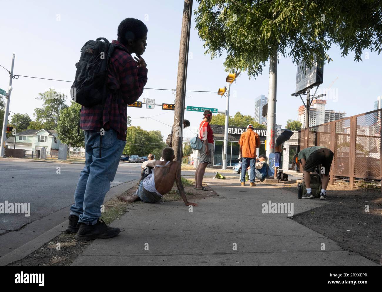 Austin Texas USA, August 31 2023: Men experiencing homelessness on the ...