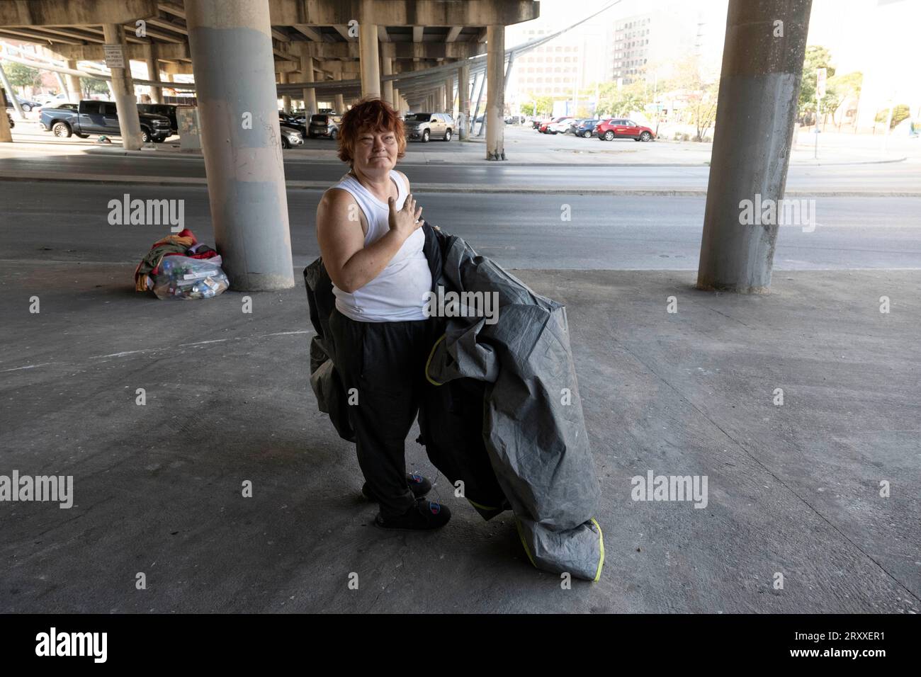 Austin Texas USA, August 31 2023: Woman experiencing homelessness on ...