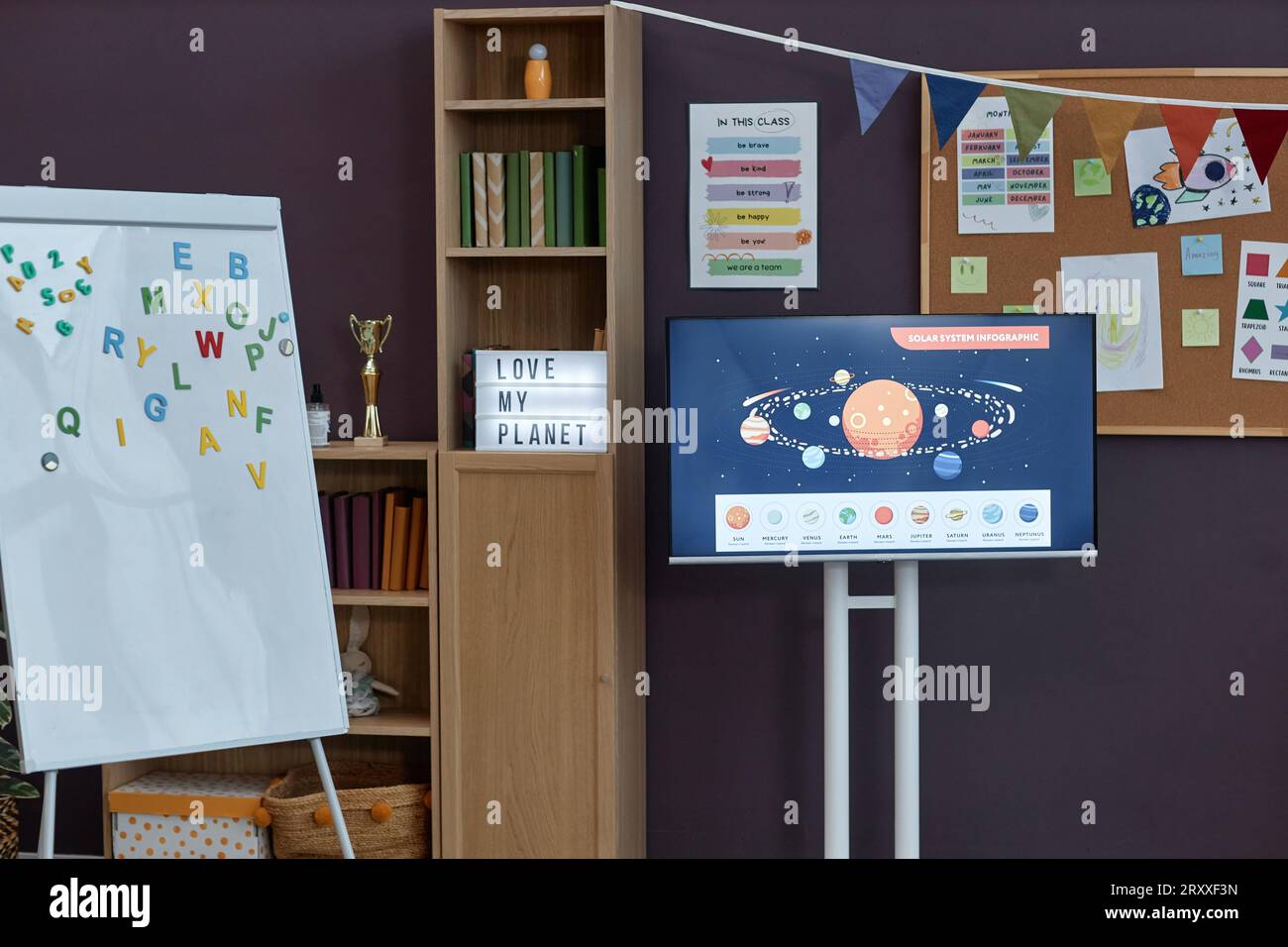 Background image of learning materials in preschool room interior with ...