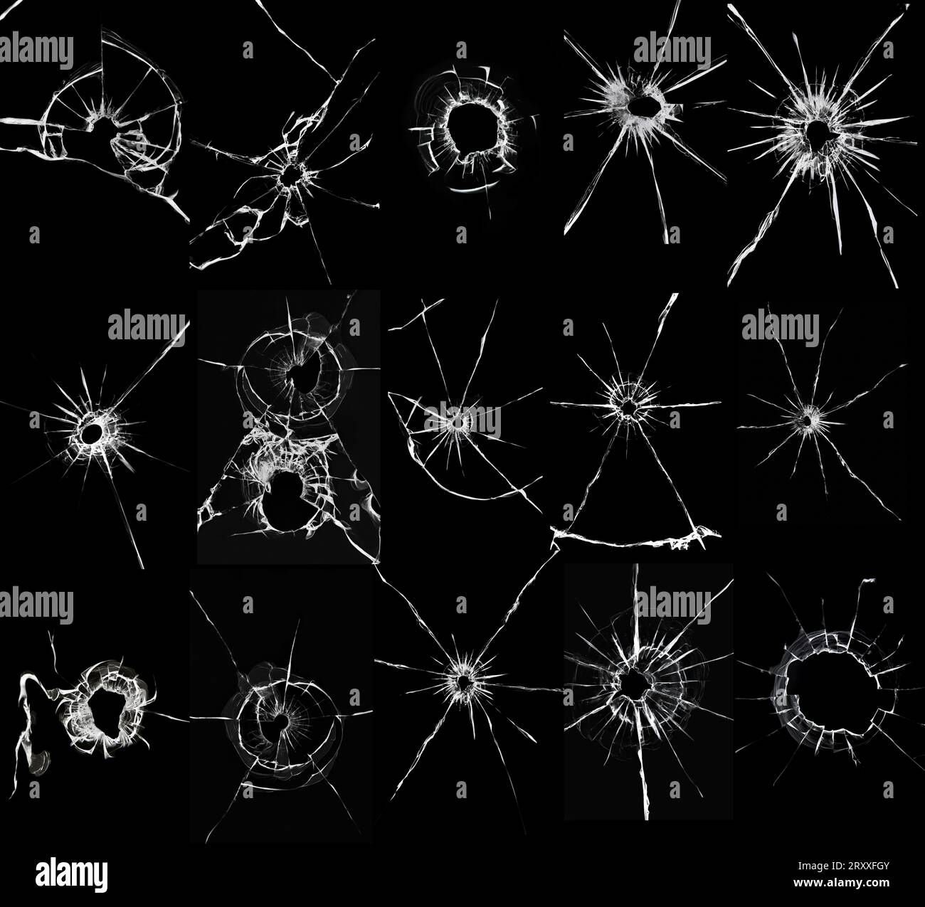 Textures of broken glass. The effect of cracks on the window. Elements ...