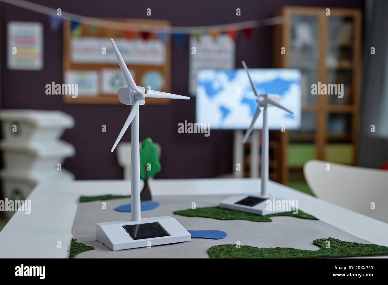 Close up of wind turbine models and clean energy in preschool class ...