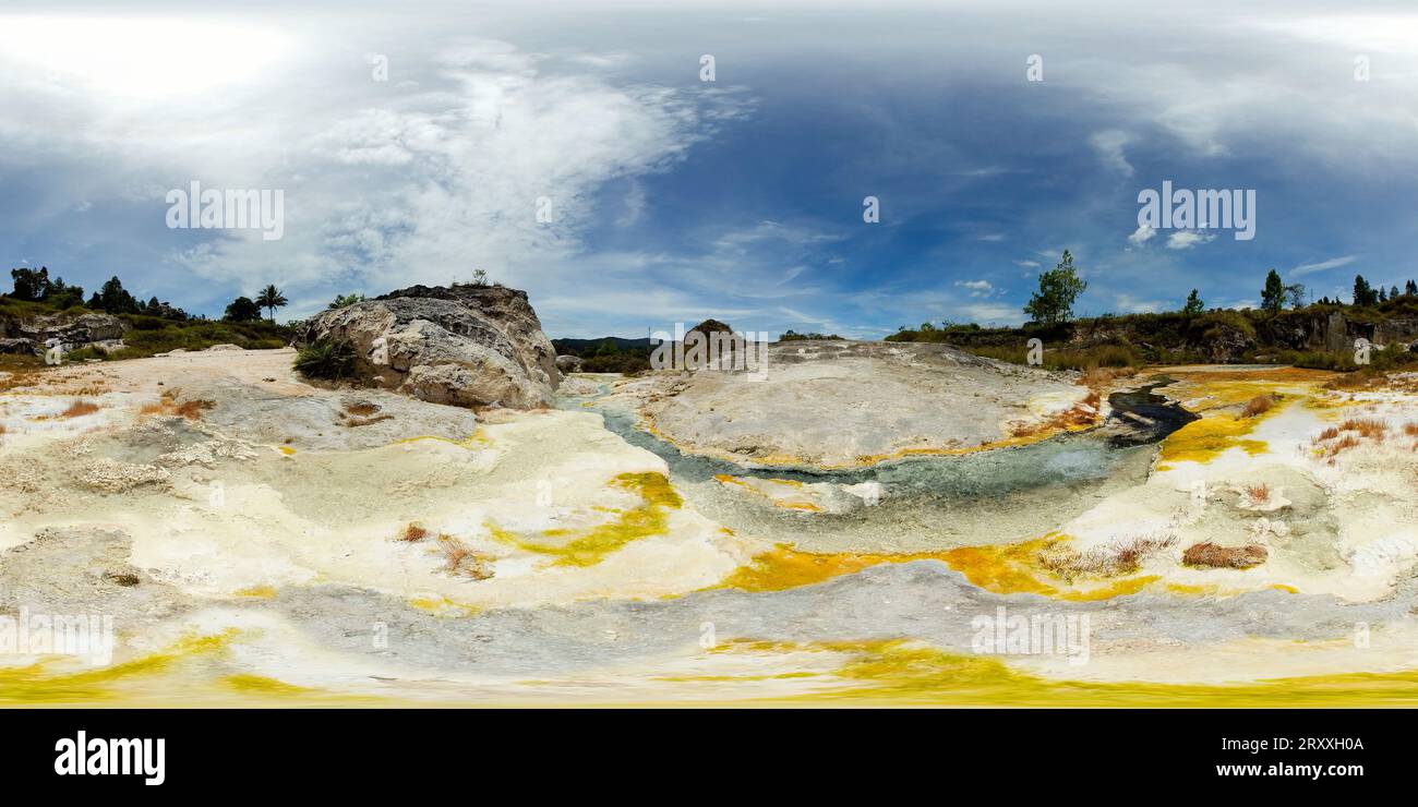 Landscape with hot boiling sulphur river and springs due to volcanic ...