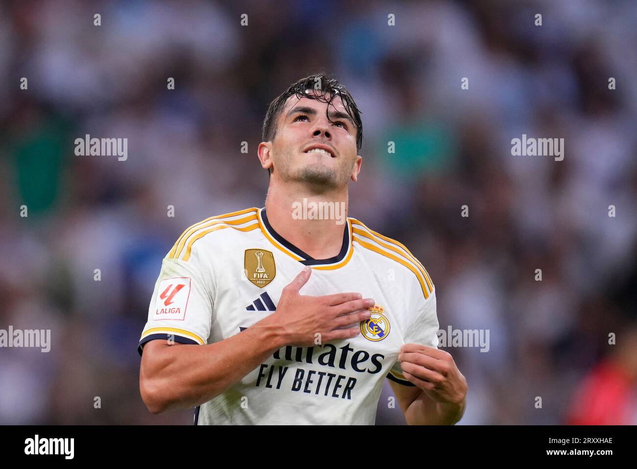 Real Madrid's Brahim Diaz celebrates after scoring the opening goal ...