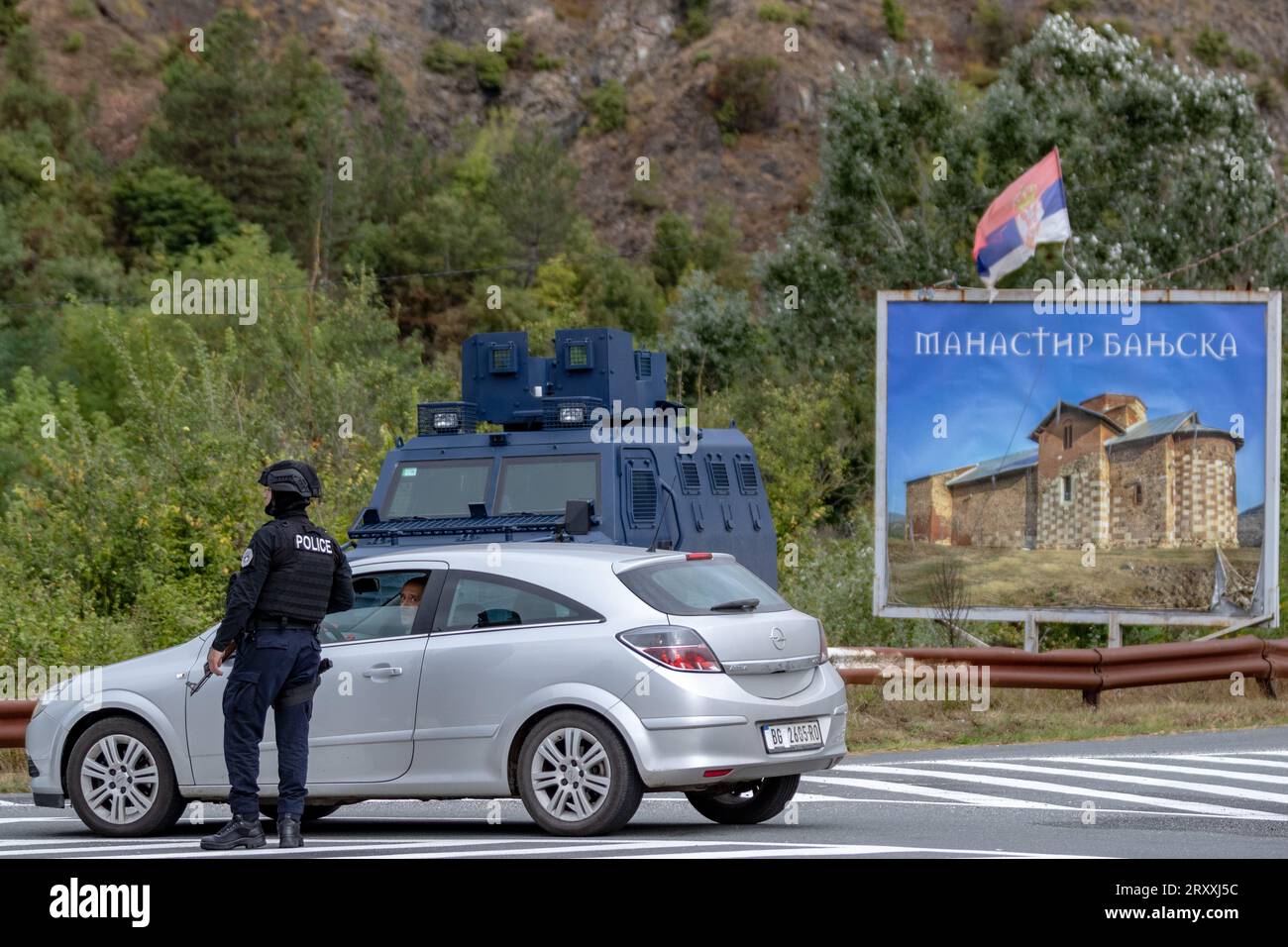 Kosovo's Fast Reaction Police Unit conducts a security check on a ...