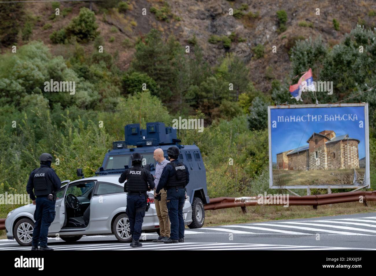 Kosovo's Fast Reaction Police Unit conducts a security check on a ...