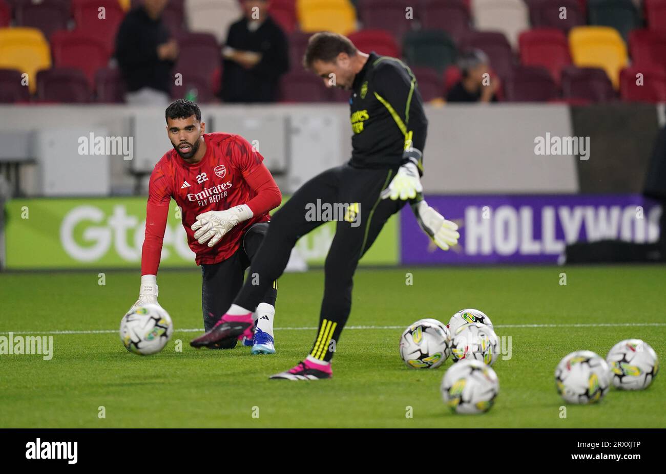 Arsenal goalkeeper David Raya warms up ahead of the Carabao Cup third ...