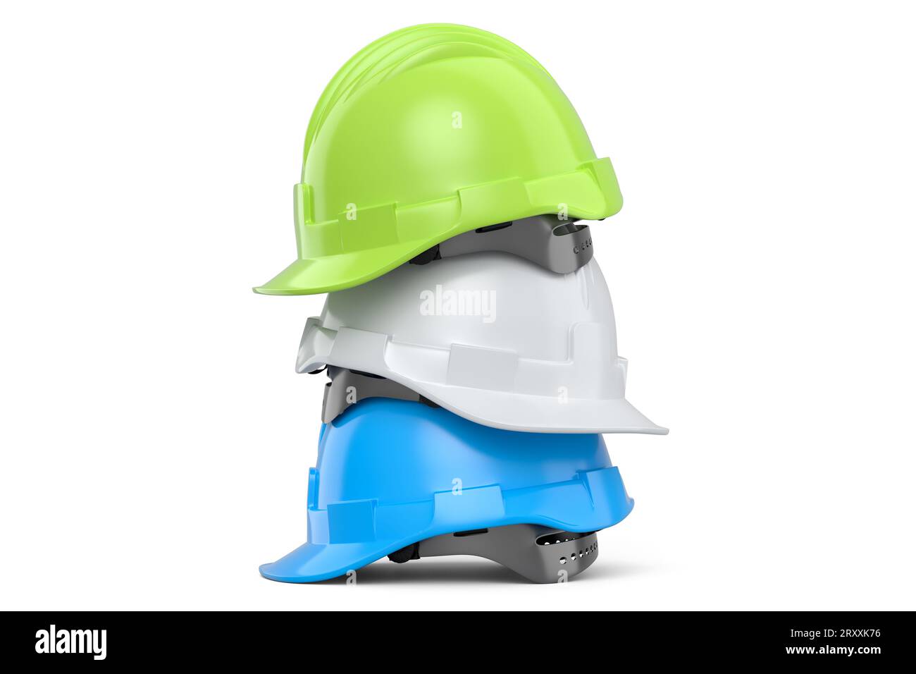 Stack of safety helmets or hard caps on white background. 3d render and ...