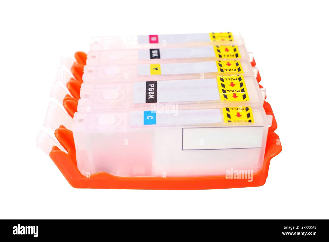 Set of refillable inkjet printer cartridges isolated on white ...