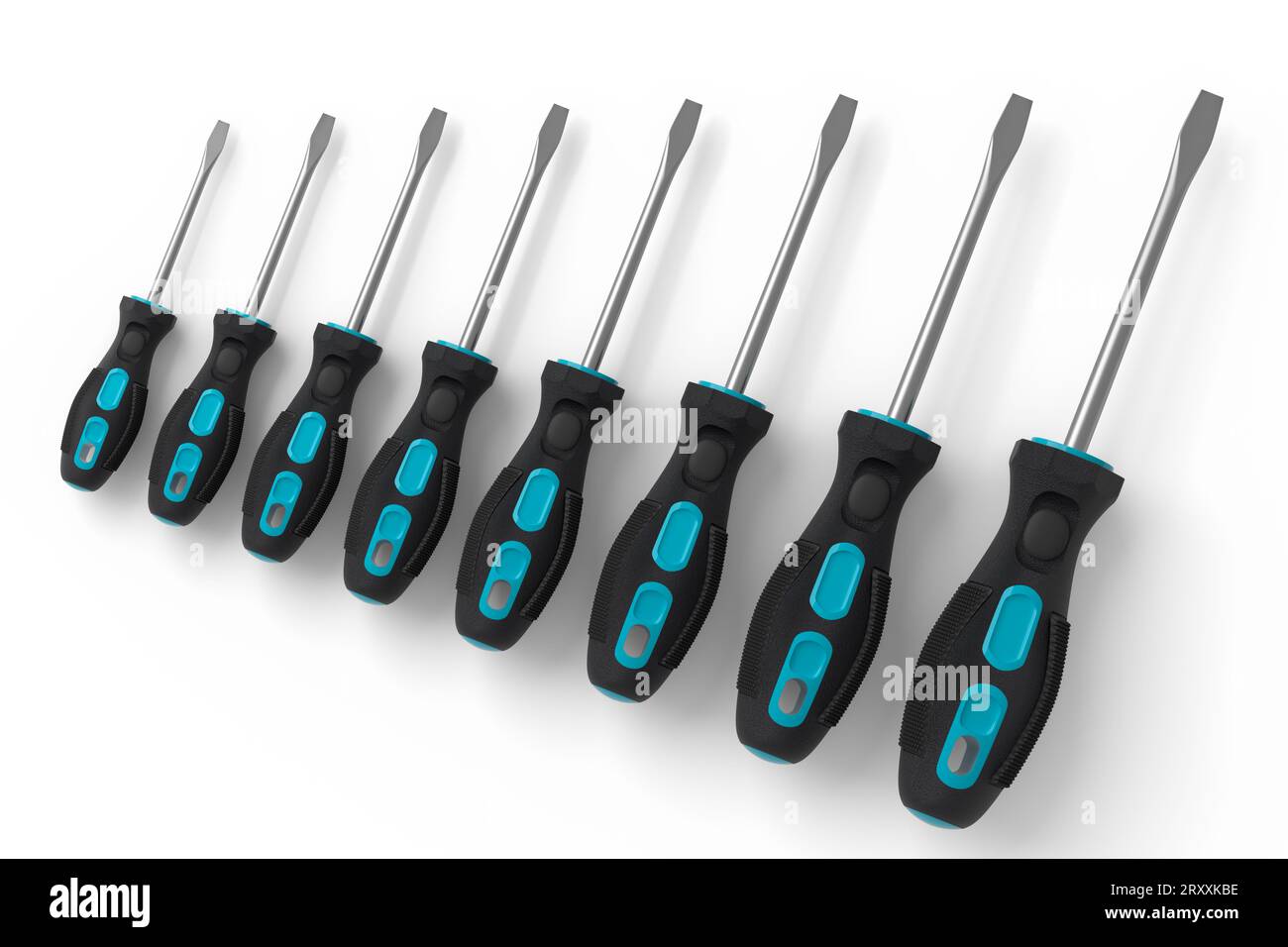 Set of black and green screwdriver on white background top view. 3d ...