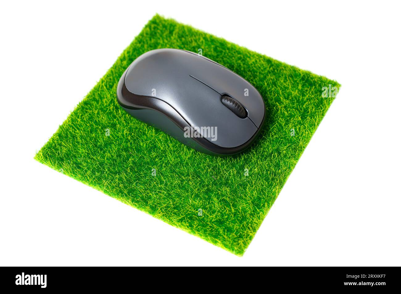 Close-up of a compact computer mouse placed on a green grass pad ...