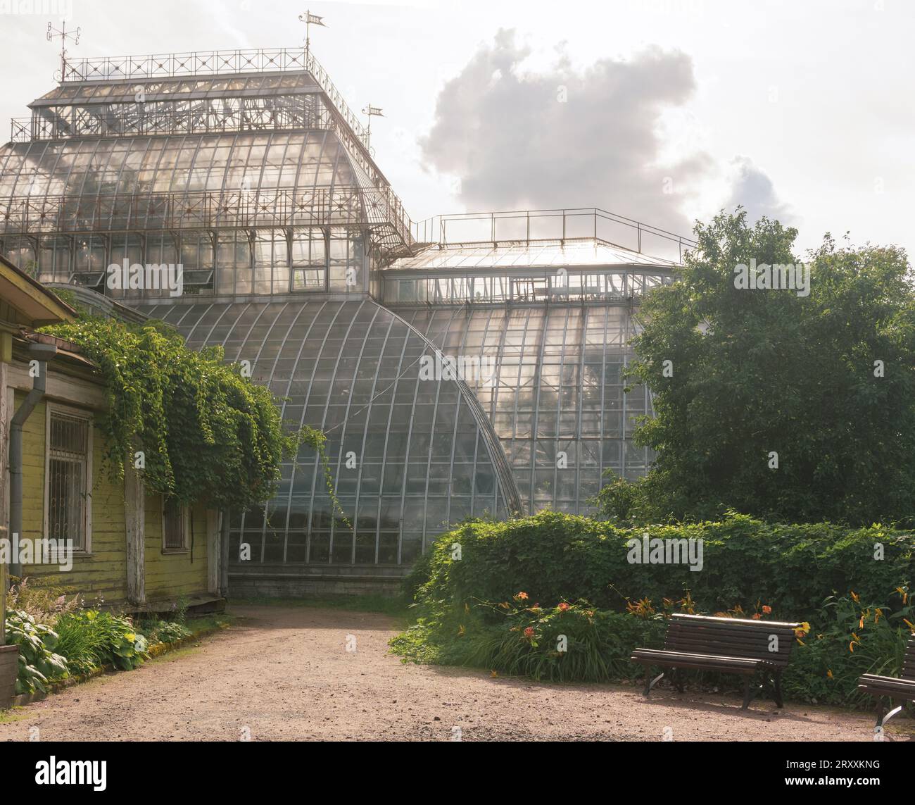 corner of an old botanical garden with a huge vintage greenhouse in the ...