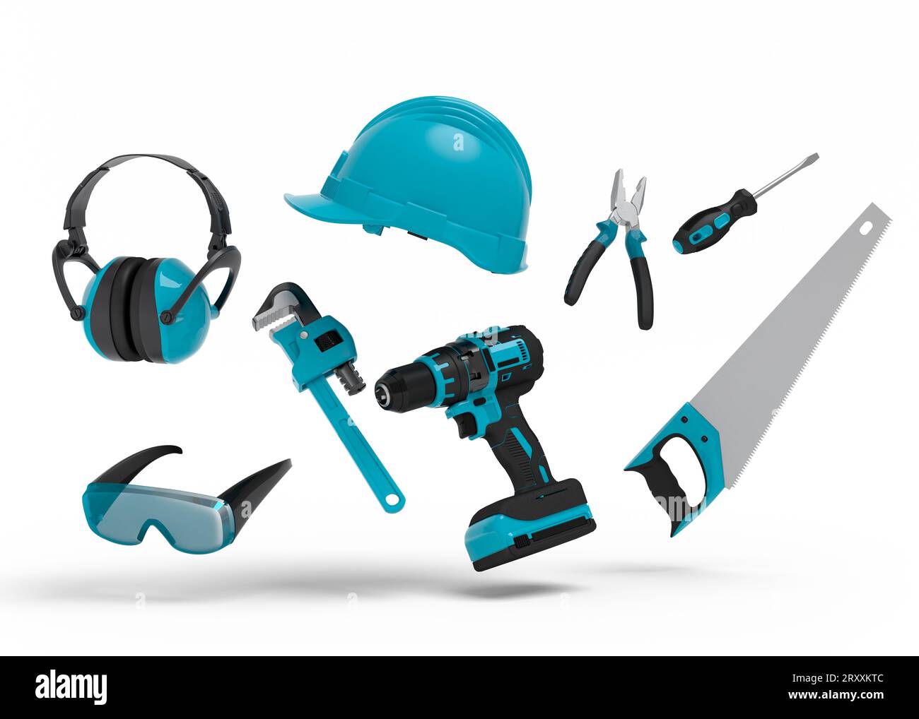 Flying view of green construction tools for repair and installation on ...