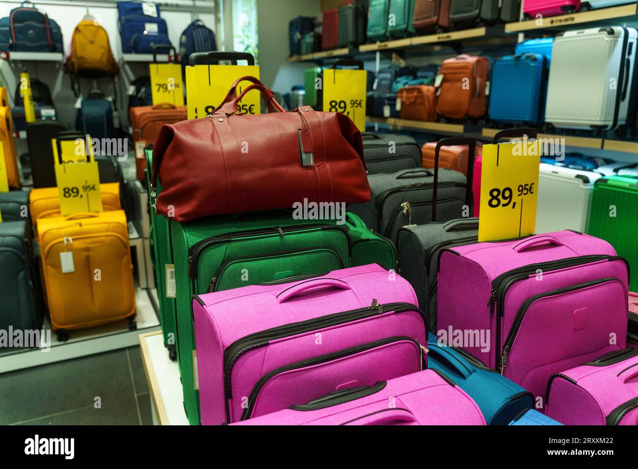 Showcase of a store selling bags for travel and business trips. Bright ...