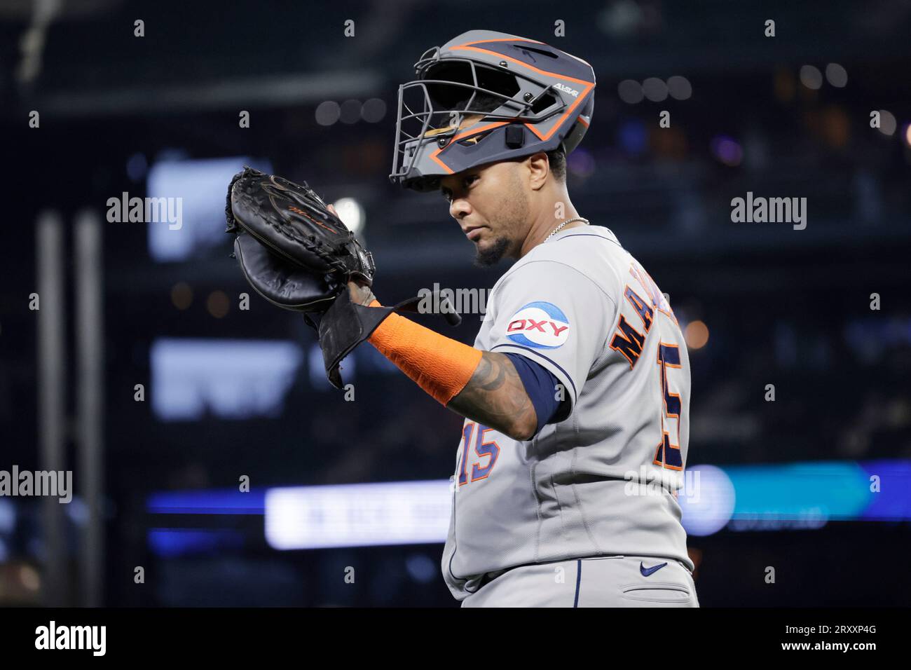 Houston Astros catcher Martin Maldonado waves to the crowd as he walks ...