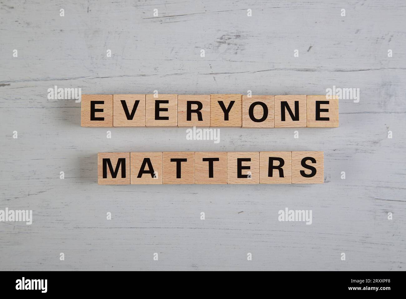 wooden blocks in a white and grey board with the text everyone matters ...