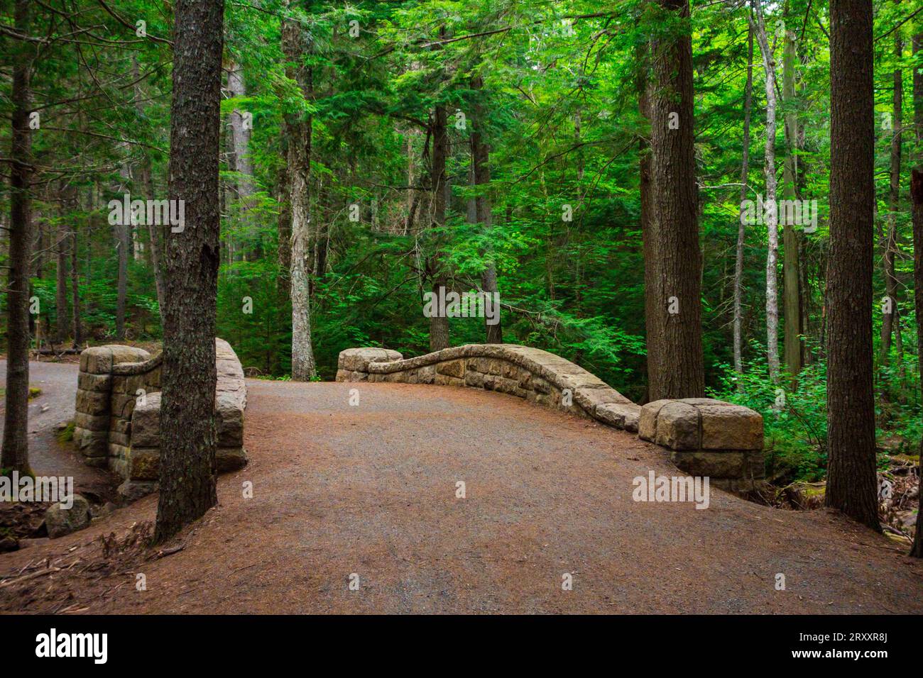 A stone arched bridge in the forest over a creek on the carriage trails ...