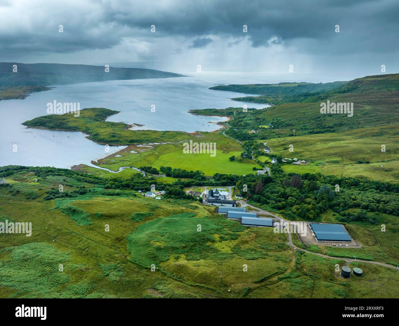 Aerial view of Ardnamurchan Whisky Distillery at Glenmore Bay, Glenbeg ...